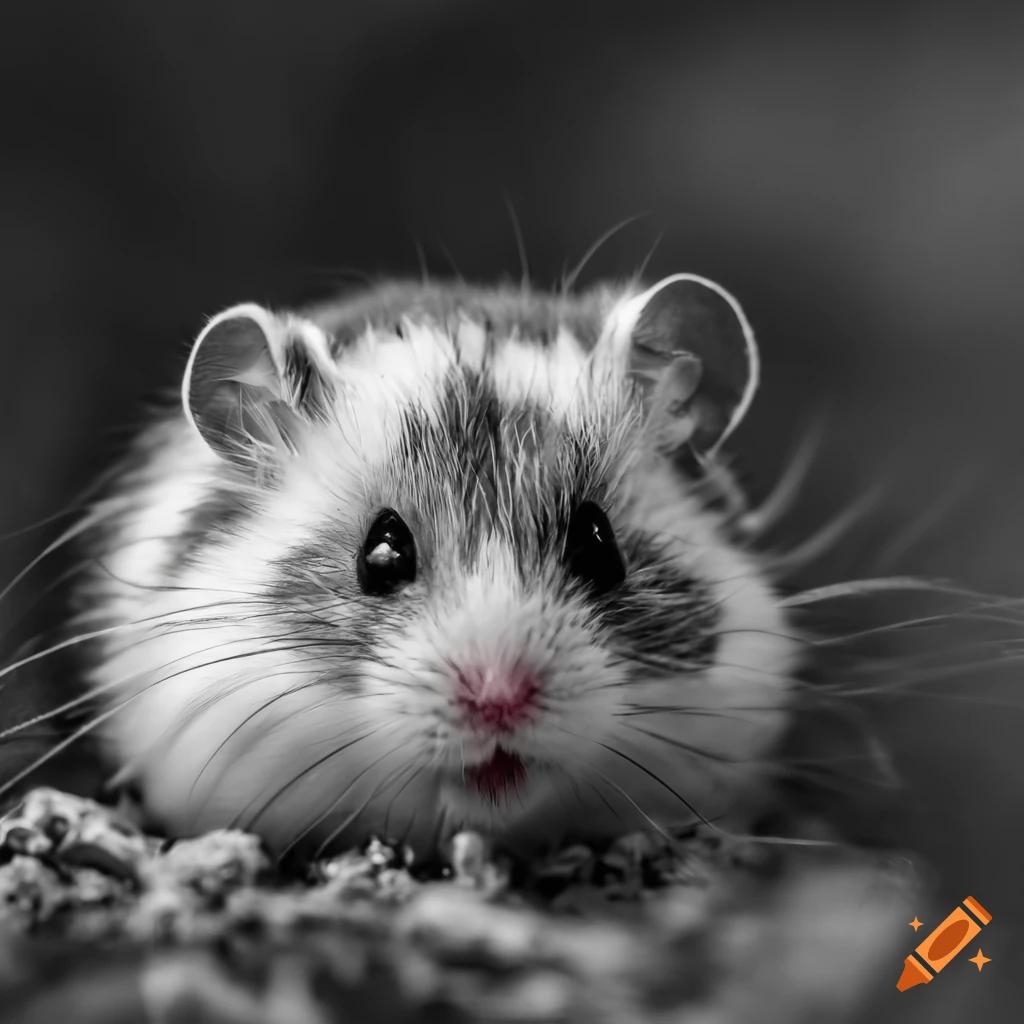 Black and white photograph of a hamster in nature on Craiyon