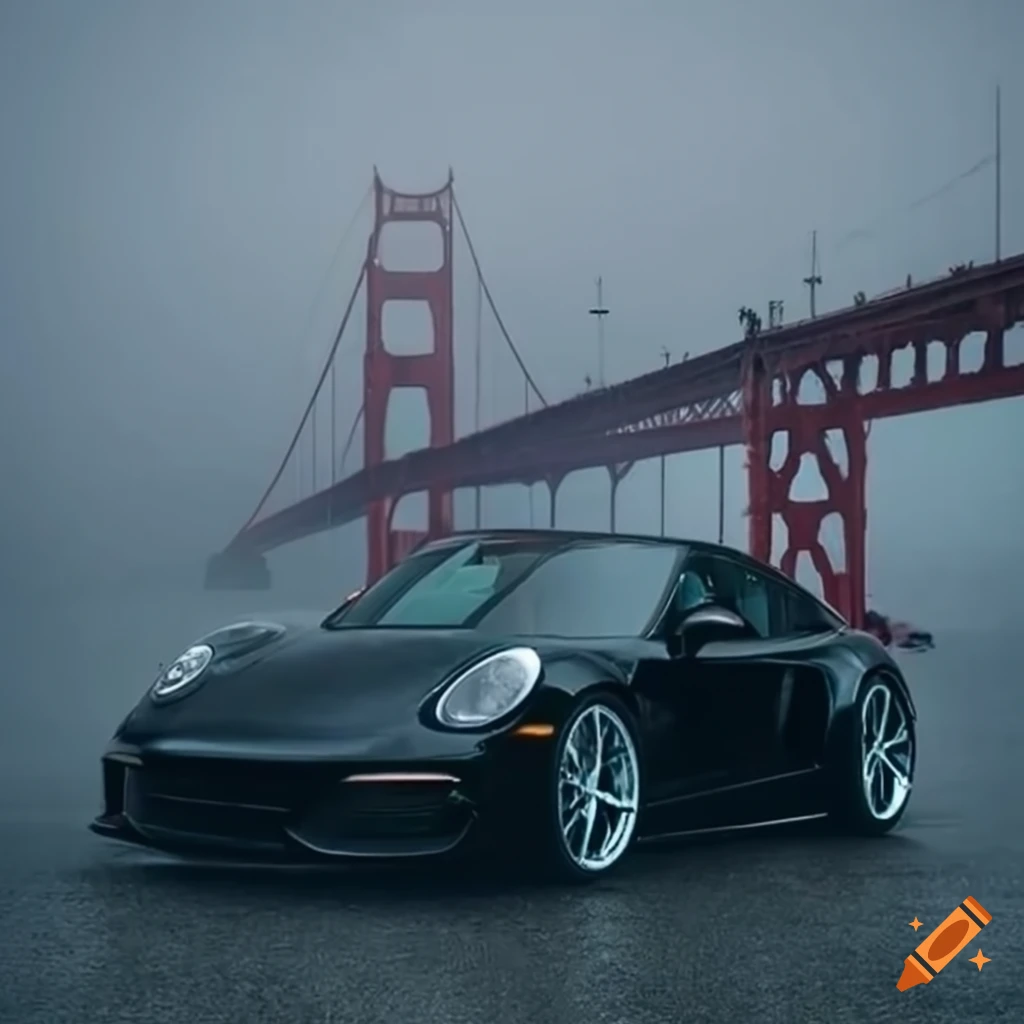 Black porsche 911 parked in front of the golden gate bridge in misty ...