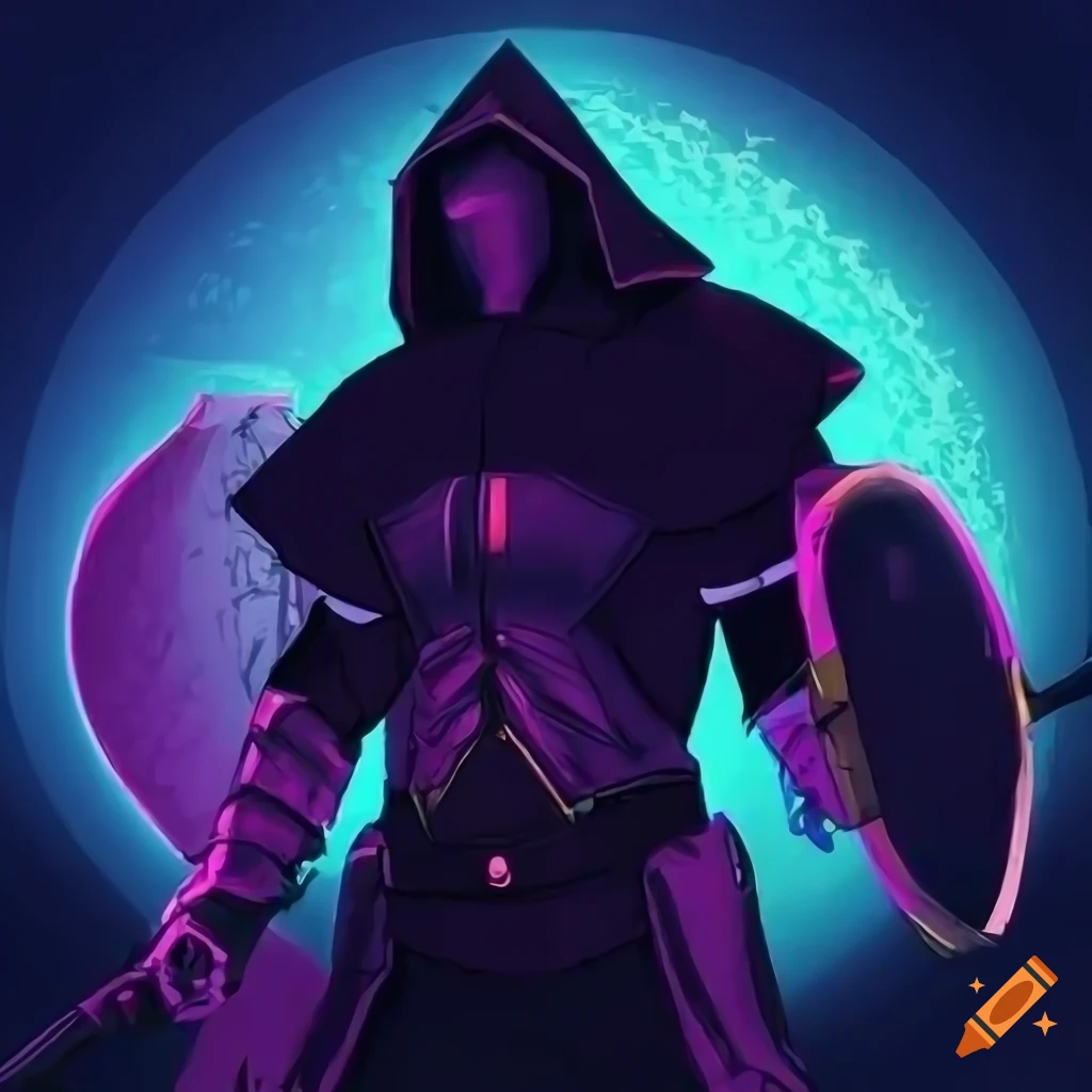 Knight with sword and shield in a retrowave synthwave cyberpunk style ...