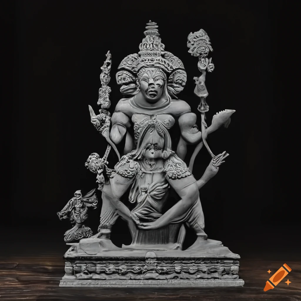 Intricately detailed black and white sculpture of Ravana with ten heads ...