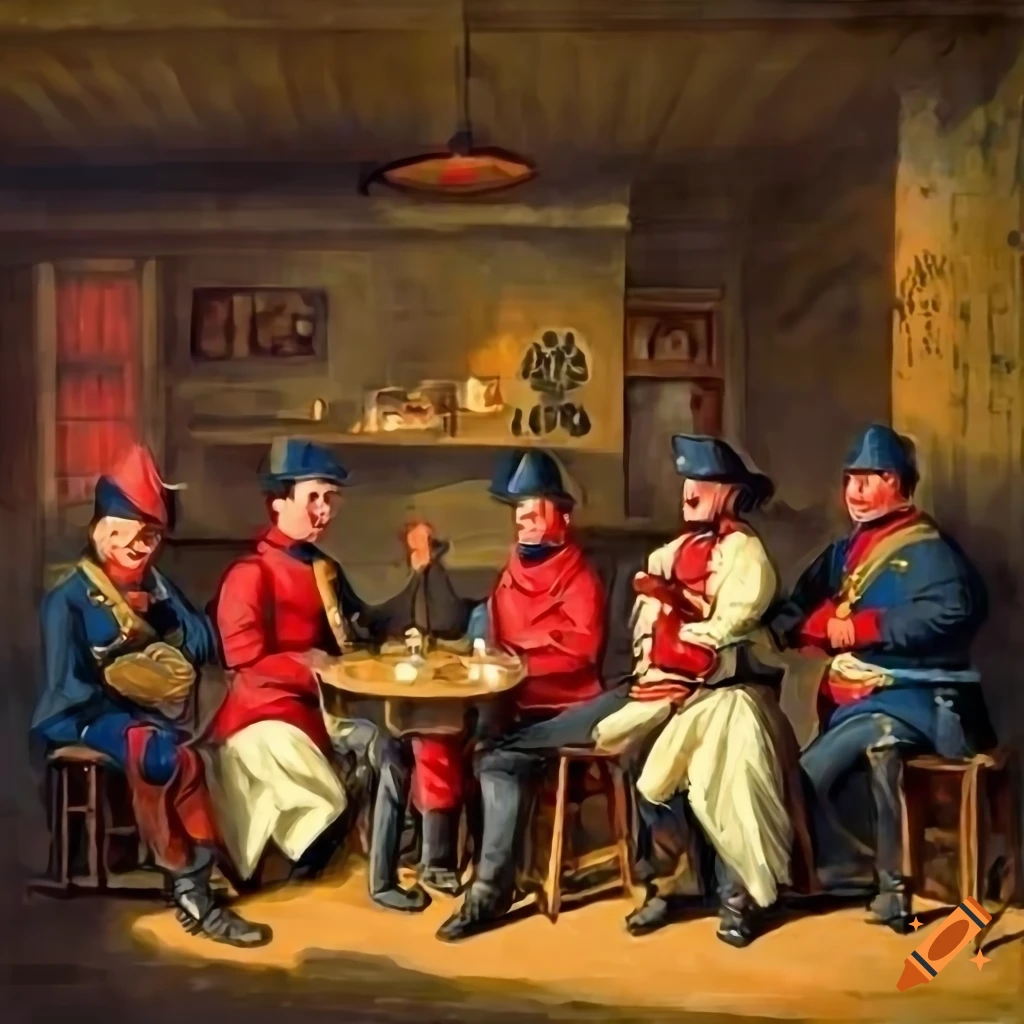 Group of red-coated soldiers at a canadian tavern in 1837 on Craiyon
