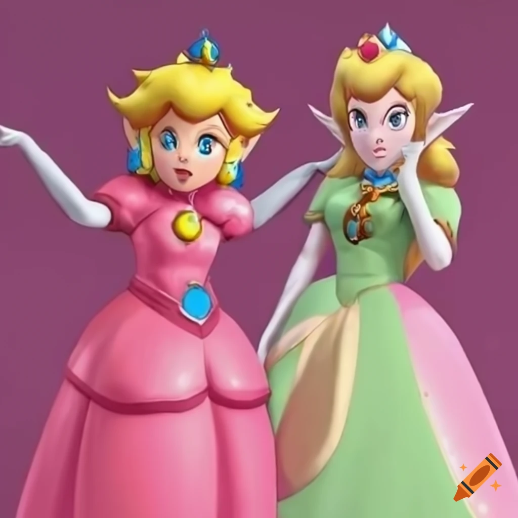 Princess Peach And Link Posing In Pink Silk Ballgowns On Craiyon