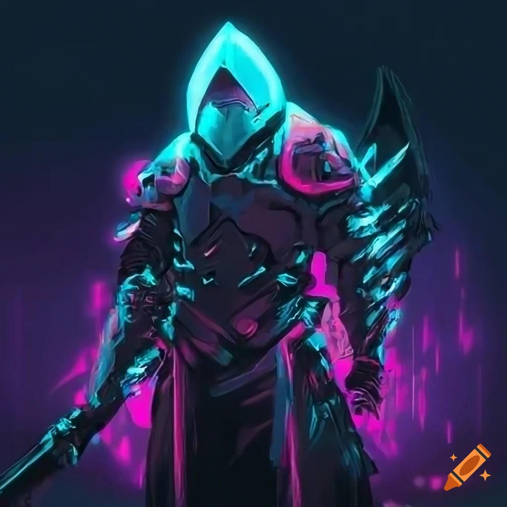 Knight with scythe ready in retrowave synthwave cyberpunk style on Craiyon