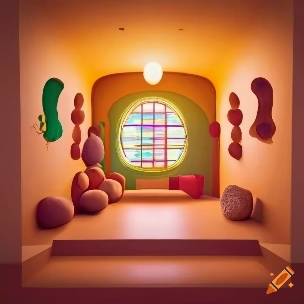 Colorful cave alcove with decorative clay objects on shelves on Craiyon