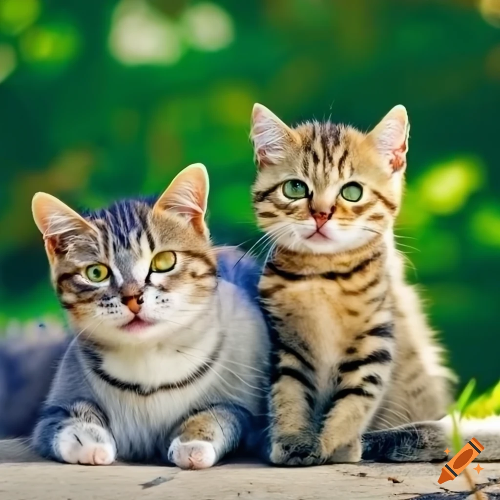 Cat and kitten basking in the sun in the garden on Craiyon