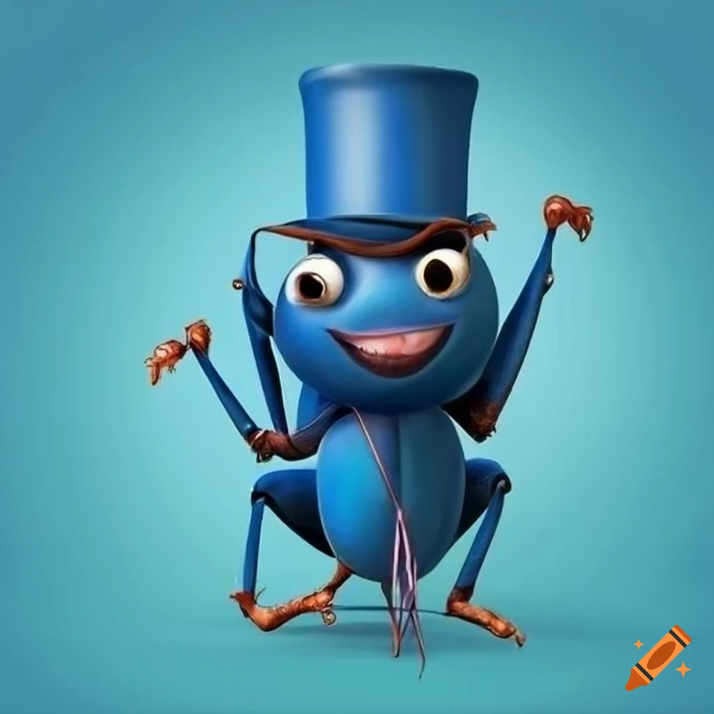 Whimsical blue cricket wearing a top hat on Craiyon