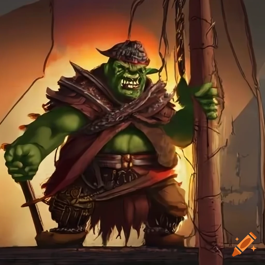 Pirate orc with a big saber on a ship's deck on Craiyon