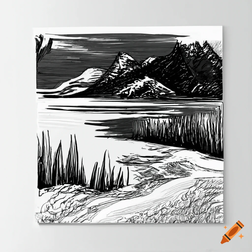 Black and white line art of a lake on Craiyon