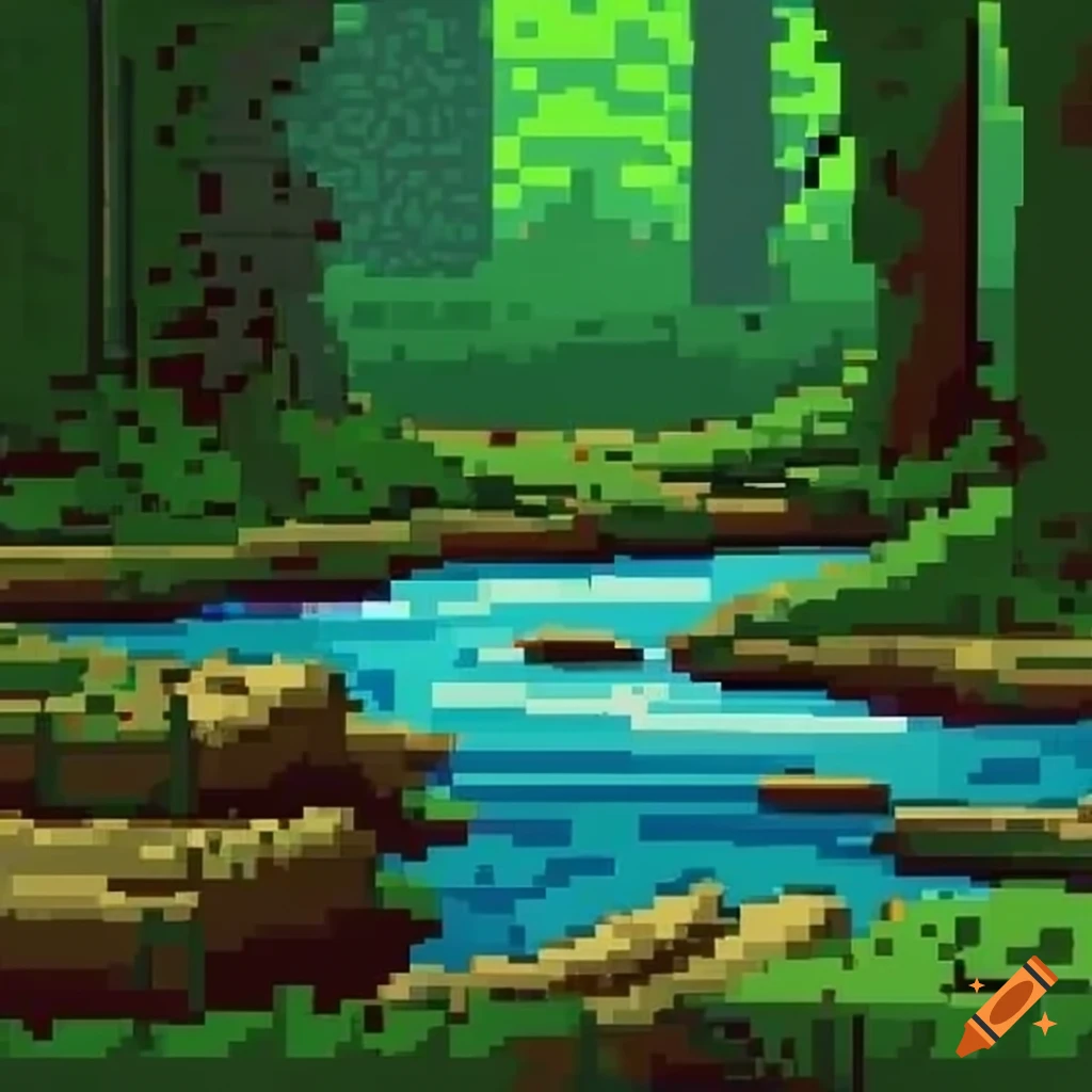 River flowing through pixel art woods on Craiyon