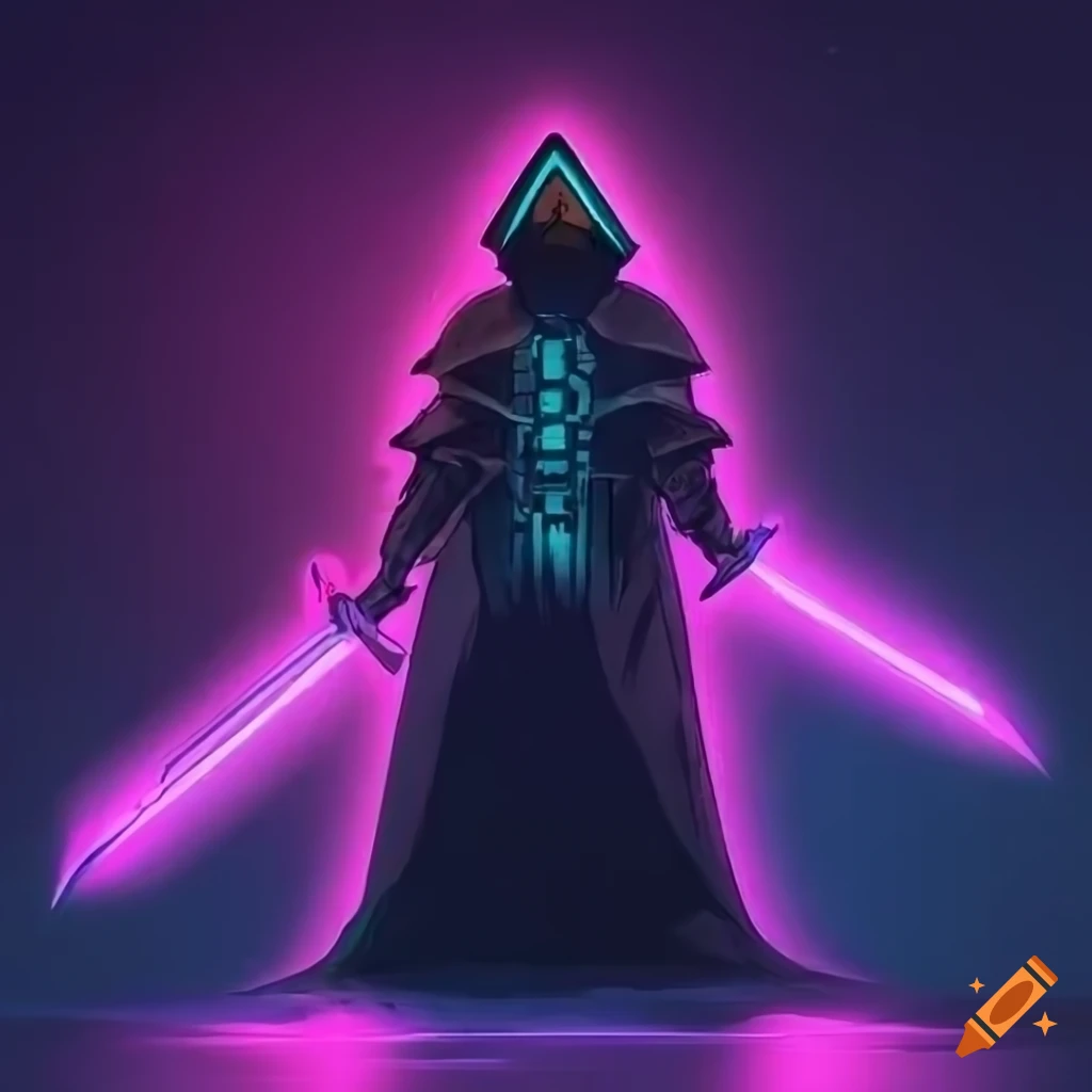 Neon-lit knight with 2handed sword in a retrowave, synthwave, cyberpunk ...