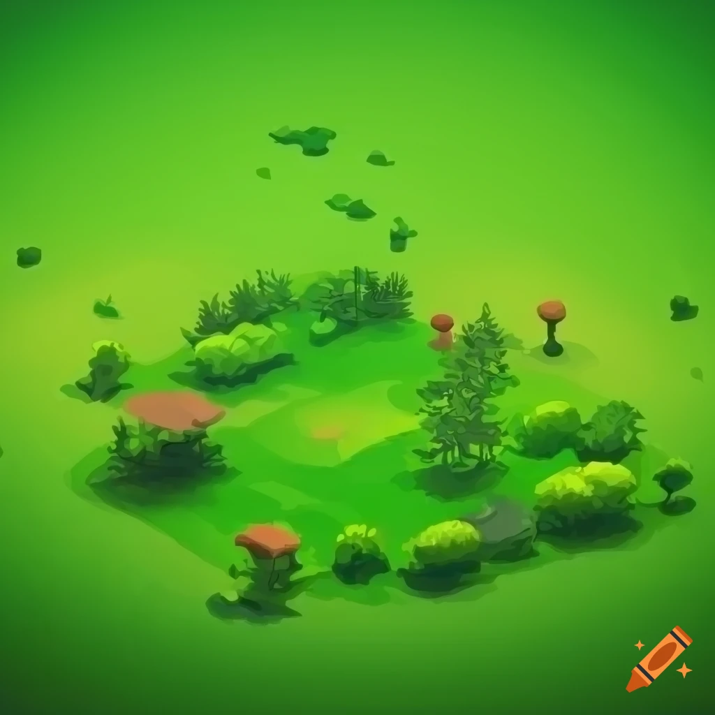 Isometric view of a grassy field on Craiyon