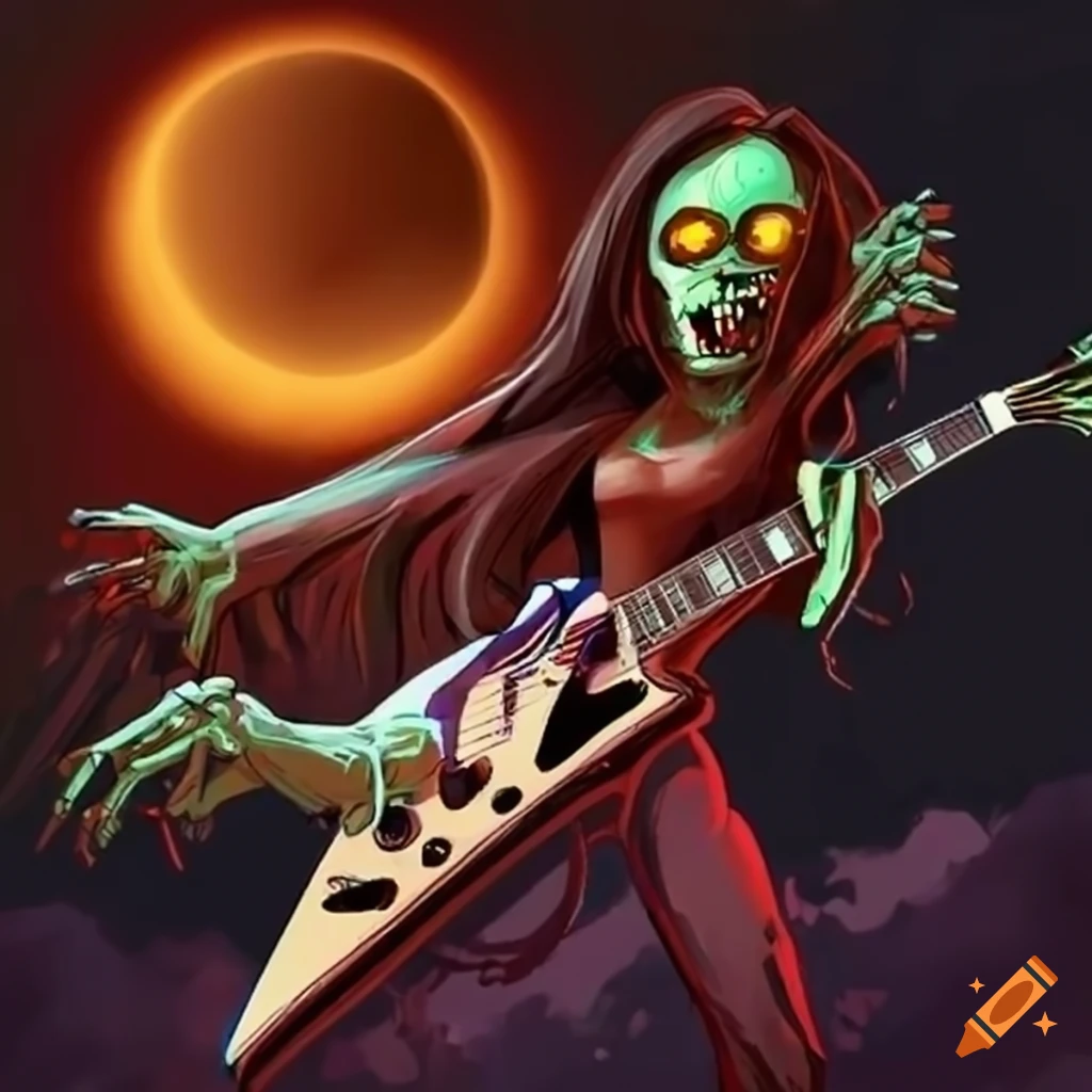 Zombie in a hotrod with a gibson flying v guitar, driving fast with a ...