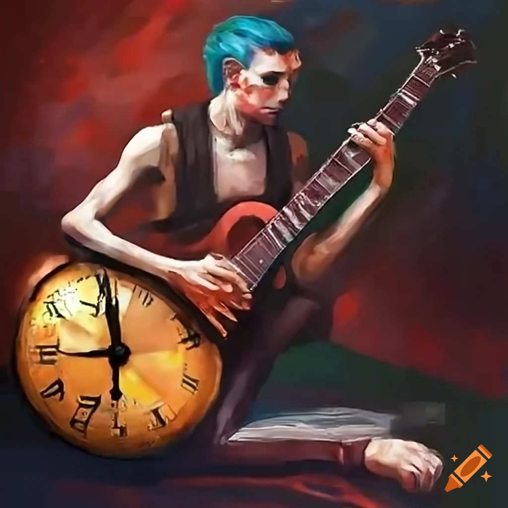 Punk standing on a clock playing a guitar on Craiyon