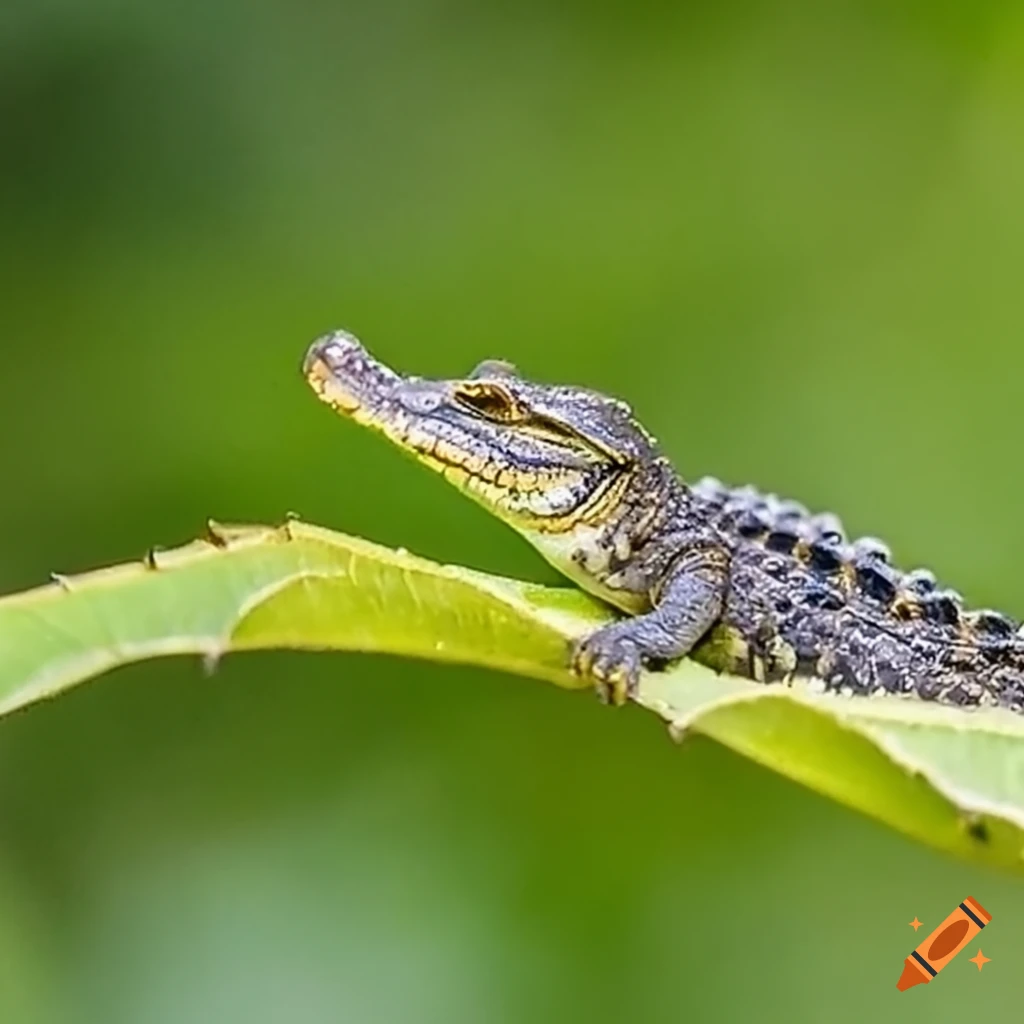 Tiny miniature crocodile on a leaf on Craiyon