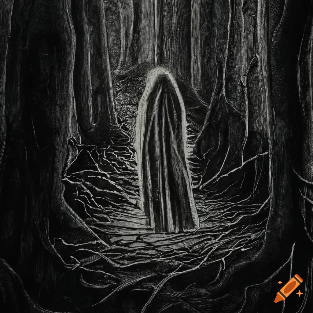 Faceless figure in a cloak in a forest, black and white etching on Craiyon