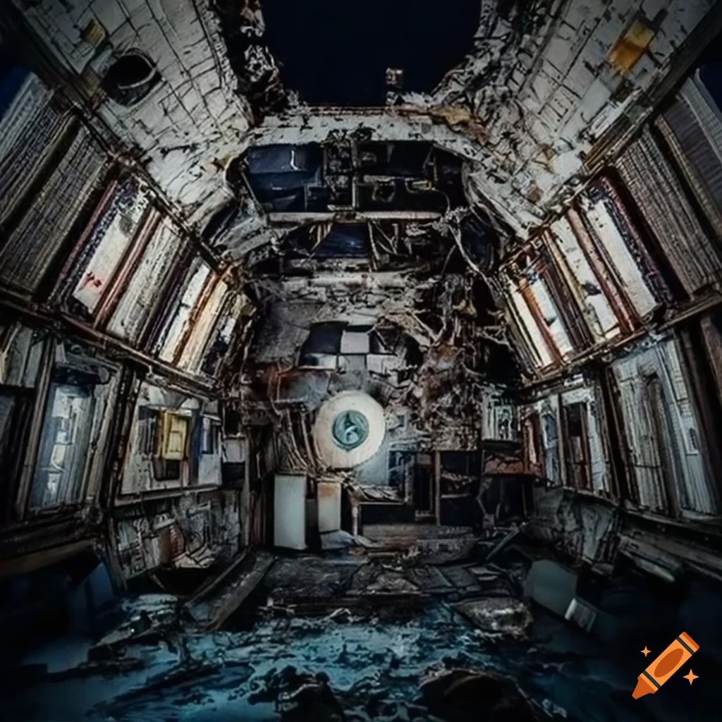 Gritty, desolate space station interior with damaged machinery on Craiyon
