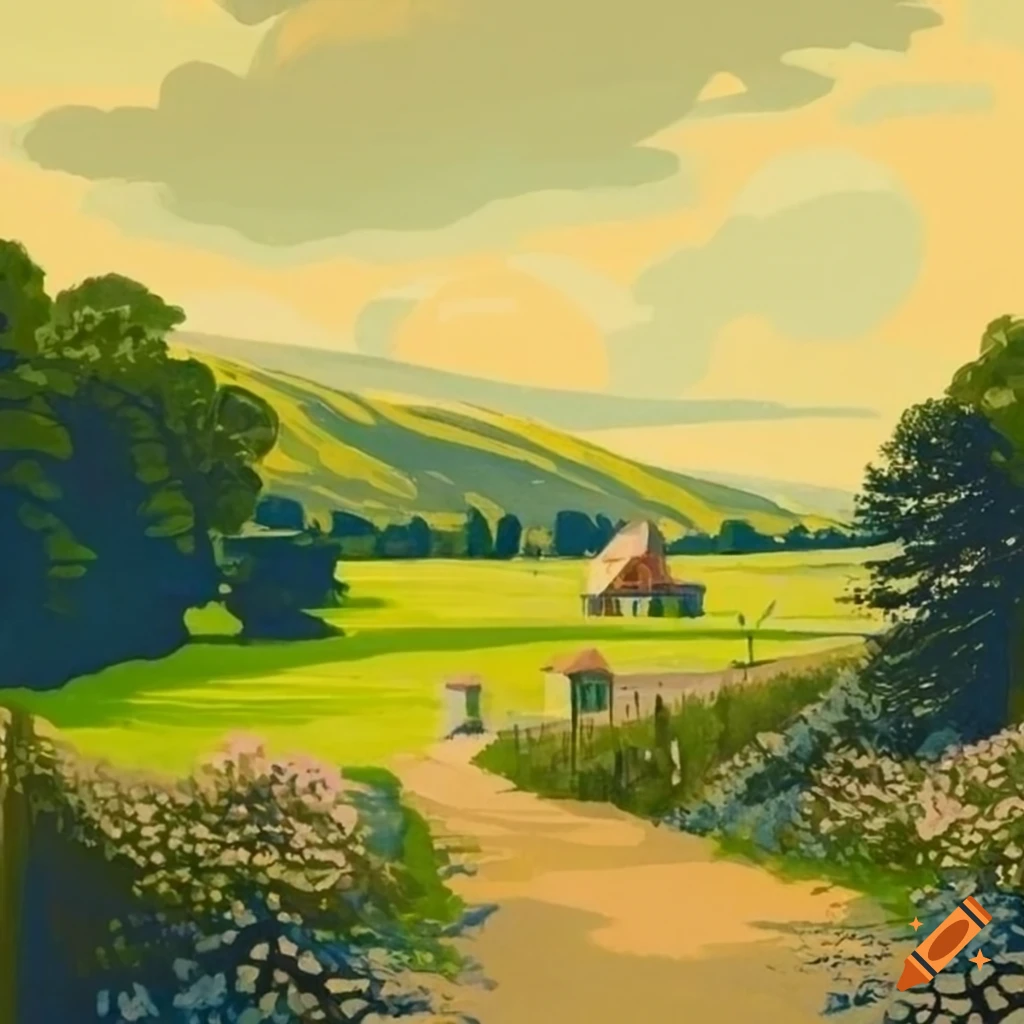 Vintage travel poster style painting of english countryside on Craiyon