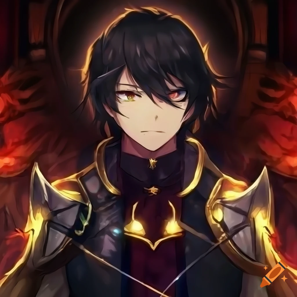 Male anime magic knight with black hair and green eyes wearing golden ...