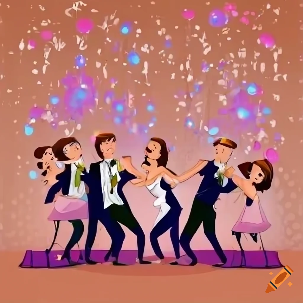 Cartoon wedding reception with guests dancing and having fun on Craiyon