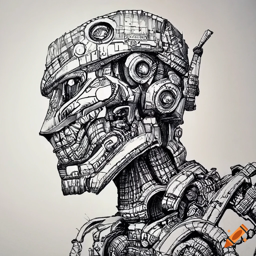 Detailed pen ink drawings of a giant robot on Craiyon