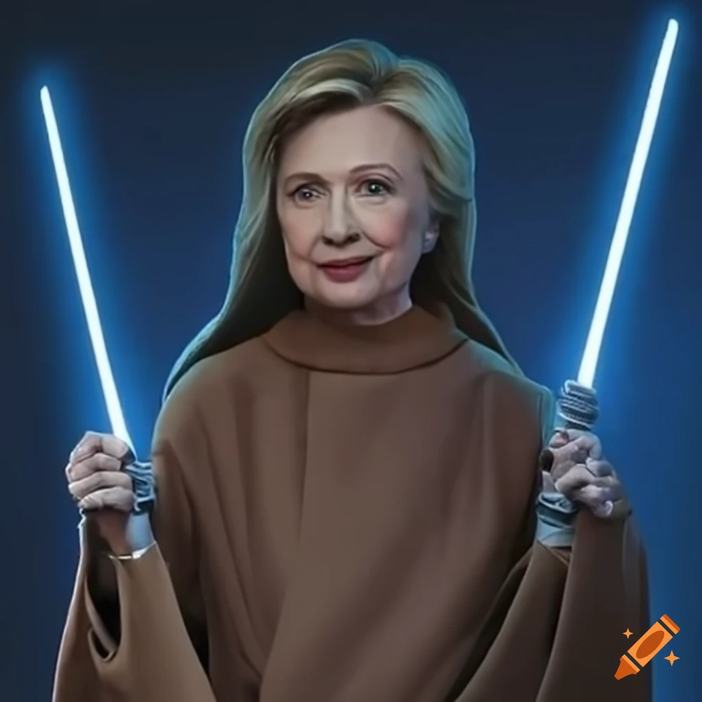 Hilary clinton in jedi robes with a brown lightsaber on Craiyon