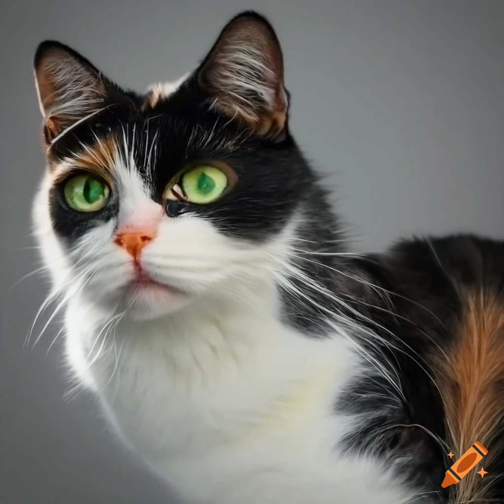 Adorable tricolor cat with striking fur pattern and green eyes in a ...