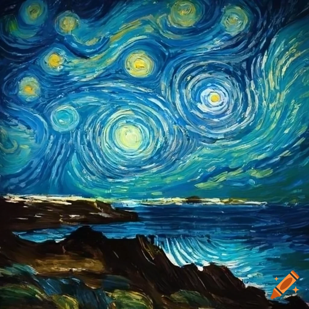 Starry sky along the coast of ouessant in van gogh style oil painting on Craiyon