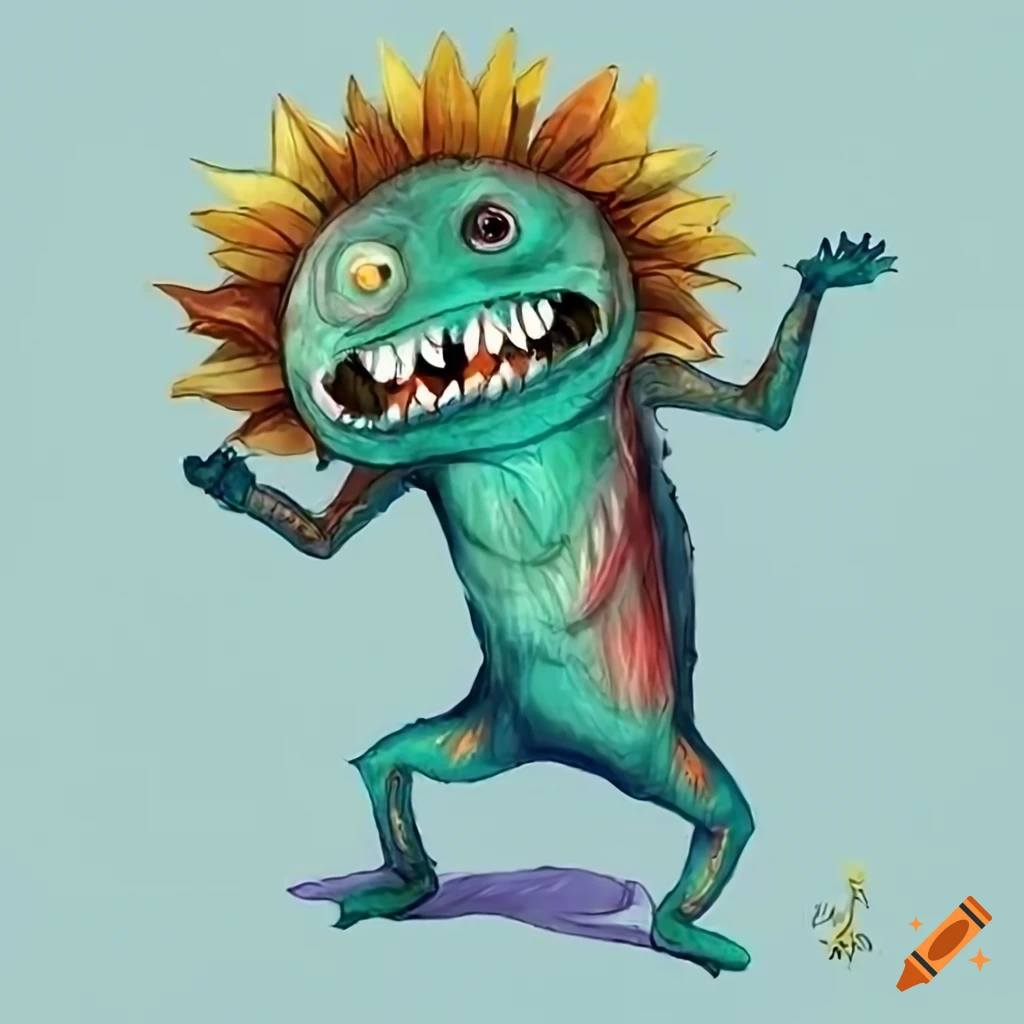 Child's drawing of an adorable dancing monster with sunflower head and ...