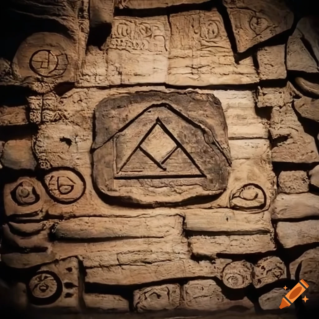 Ancient occult signs carved in cave wall on Craiyon