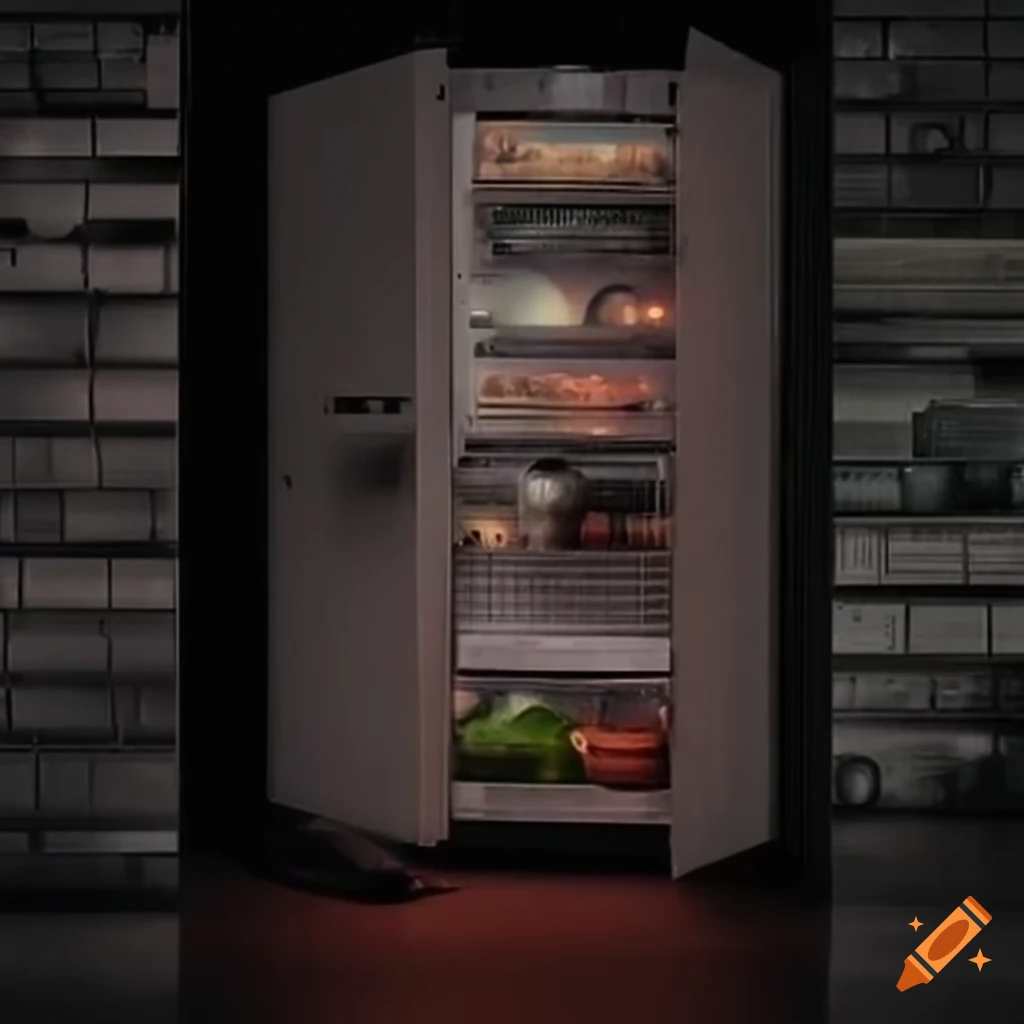 Sci-fi film poster with a killer fridge on Craiyon