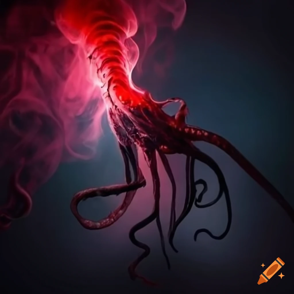Lovecraftian squid horror made of black smoke with red and white lights ...