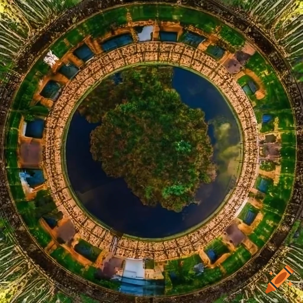 Overhead view of diverse biomes seen through circular glass ceiling ...