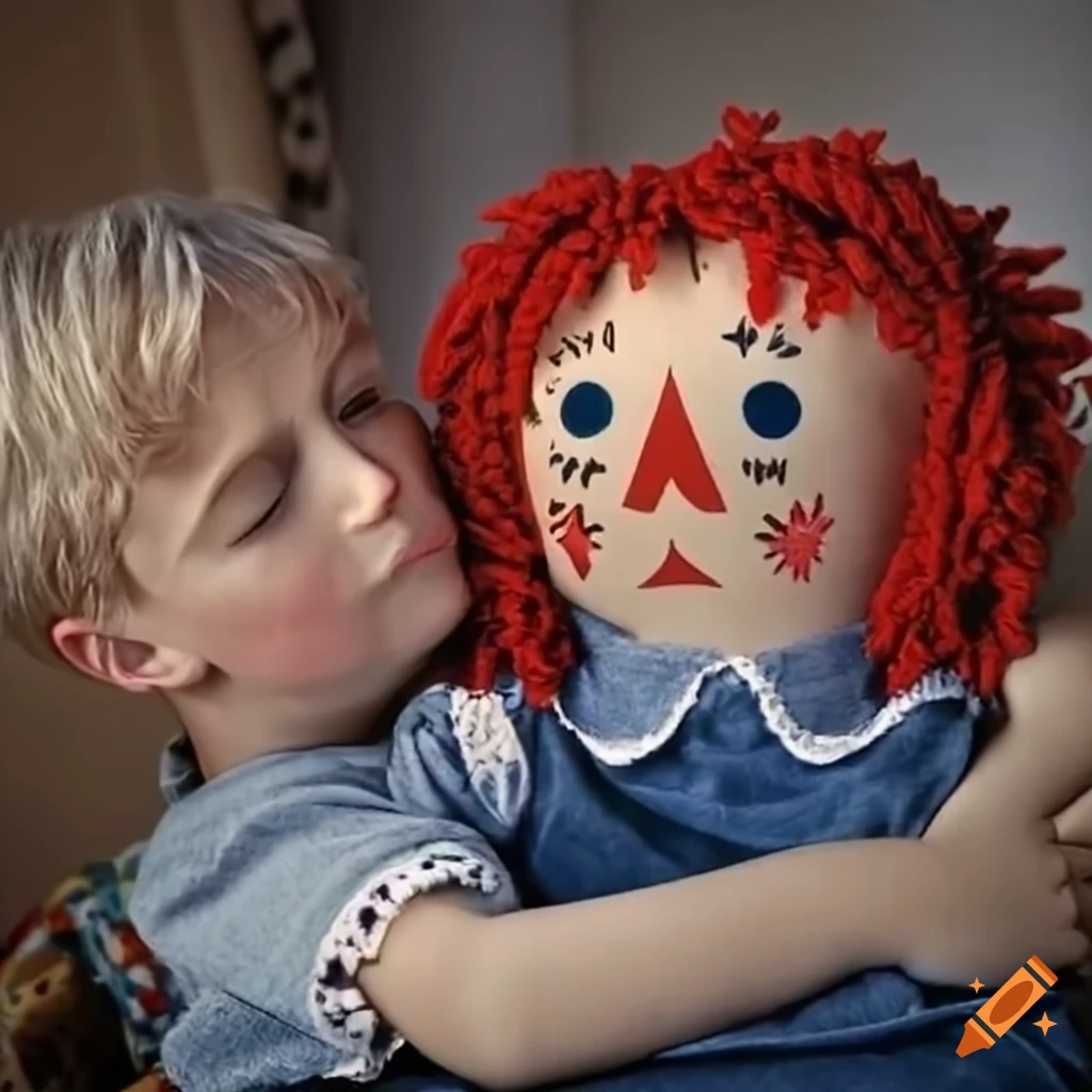 Raggedy ann comforting a sad-looking boy in a heartwarming scene on Craiyon