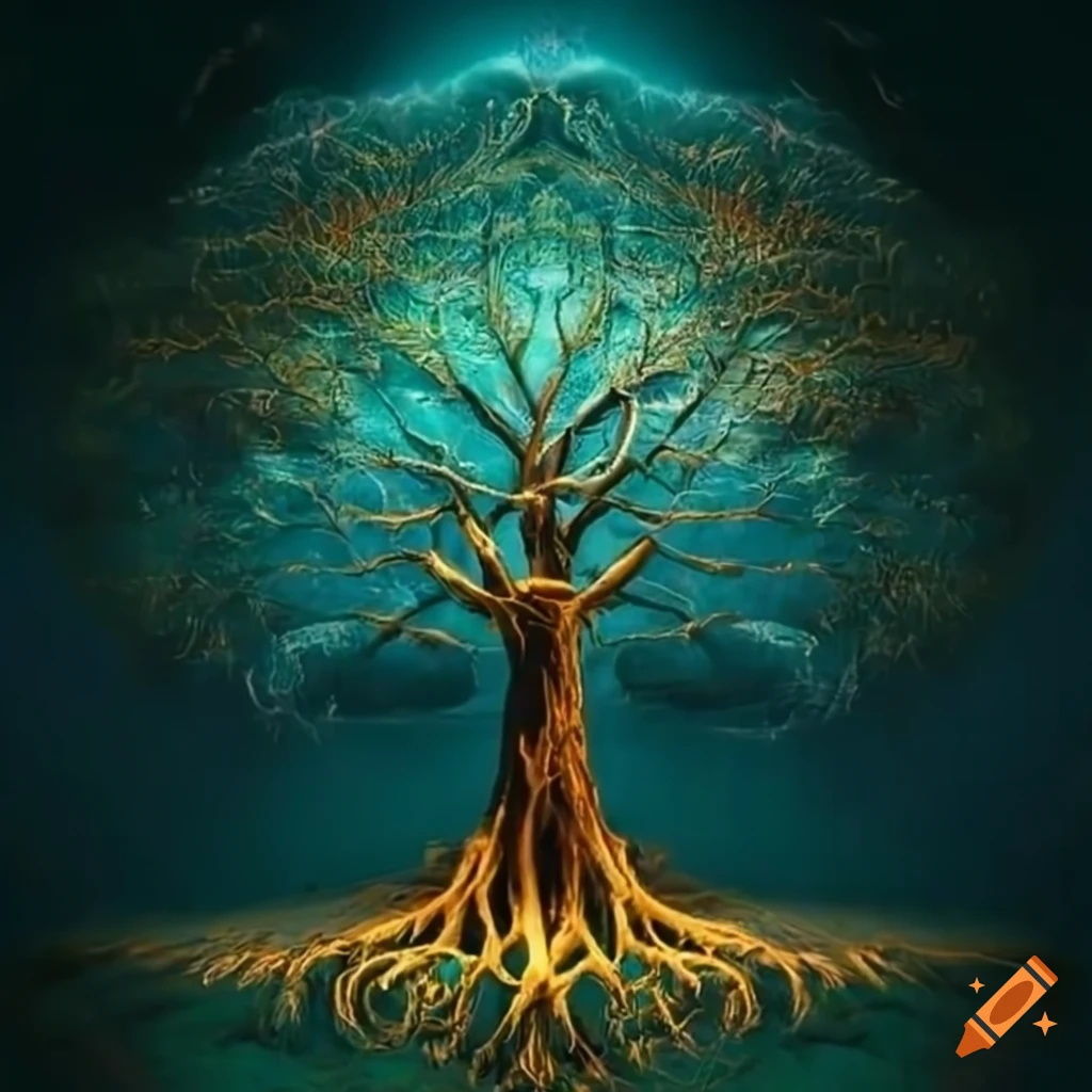 Colossal tree with massive roots bathed in golden light on Craiyon