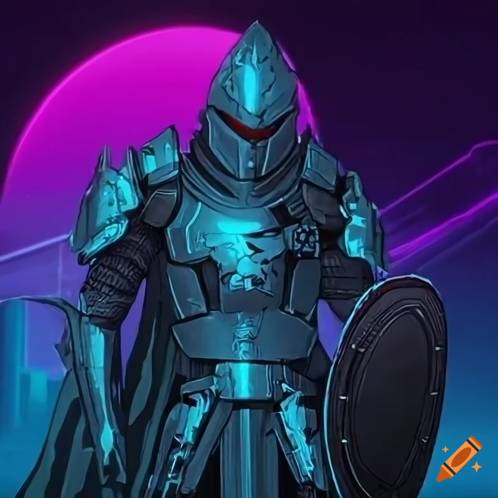 Knight with sword and shield in a retrowave synthwave cyberpunk style ...