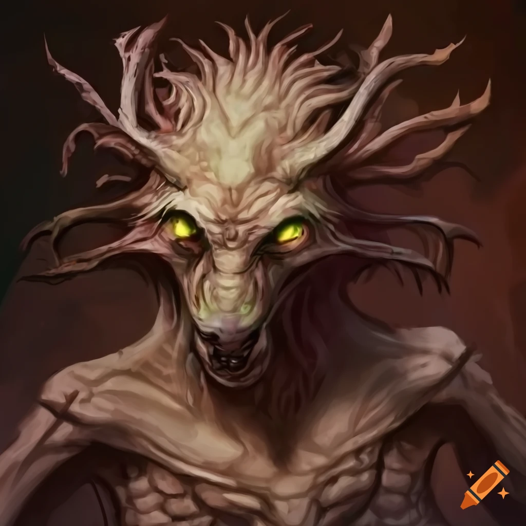 Eldritch god with inky substance, humanoid, wolf, and dragon heads on ...