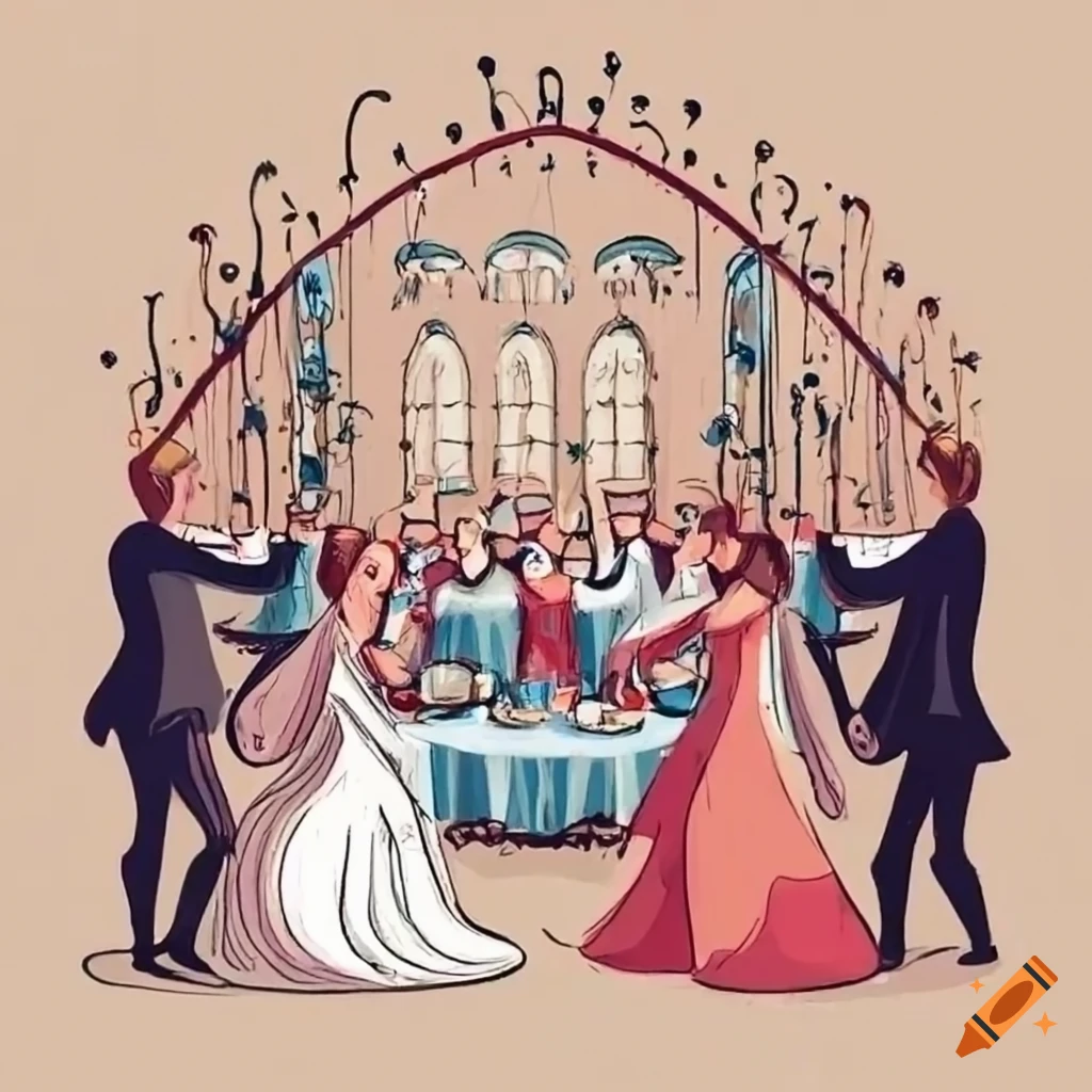 Beautiful wedding reception with guests dancing in a children's book ...