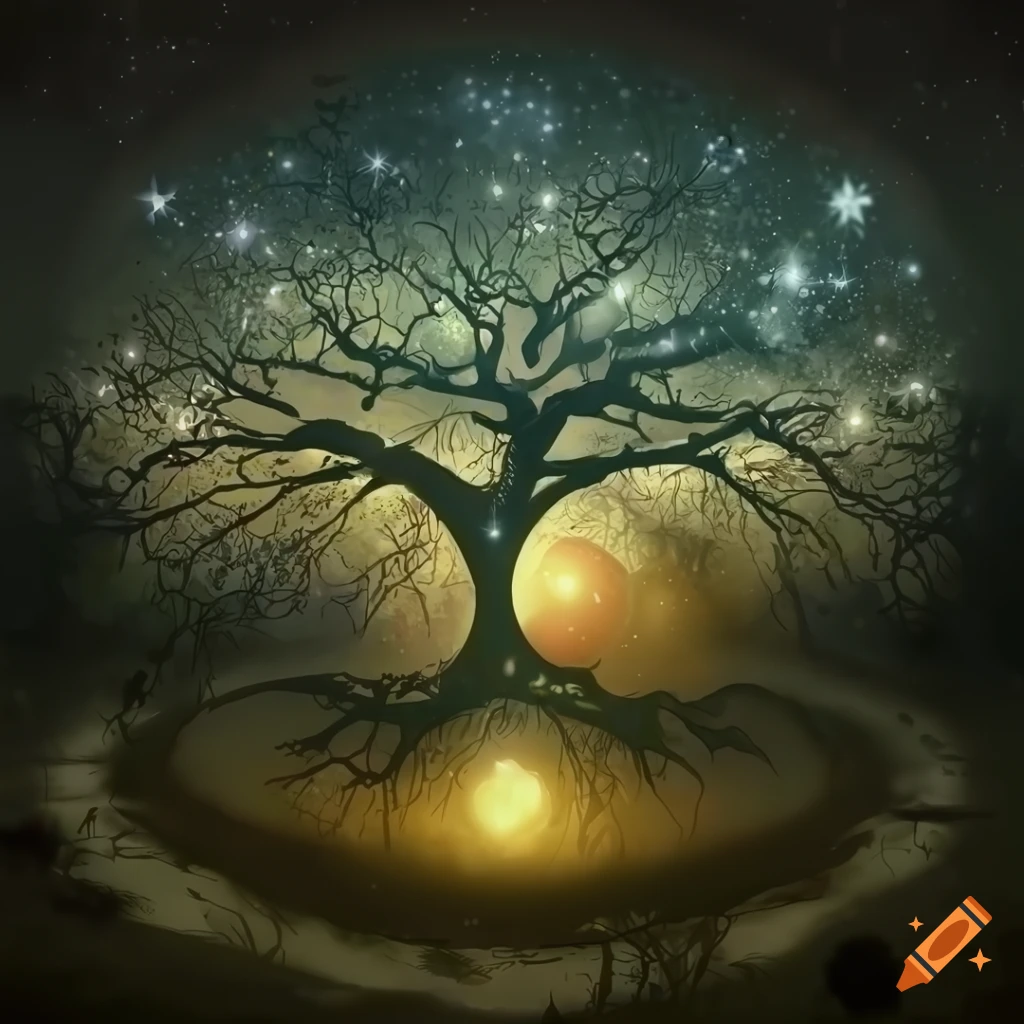 Celestial blossom oak tree with glowing silver and gold leaves in a ...