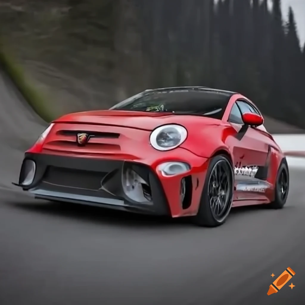 Abarth racing car speeding down a picturesque mountain pass on Craiyon