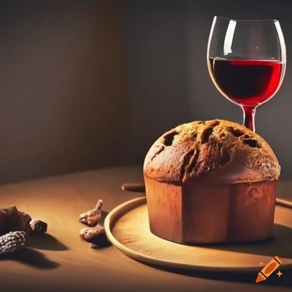 Panettone and a bottle of red wine on a table on Craiyon