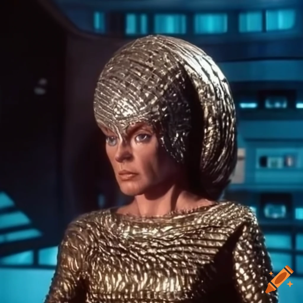 Giant aliens in silver mosaic robes in star trek original series on Craiyon