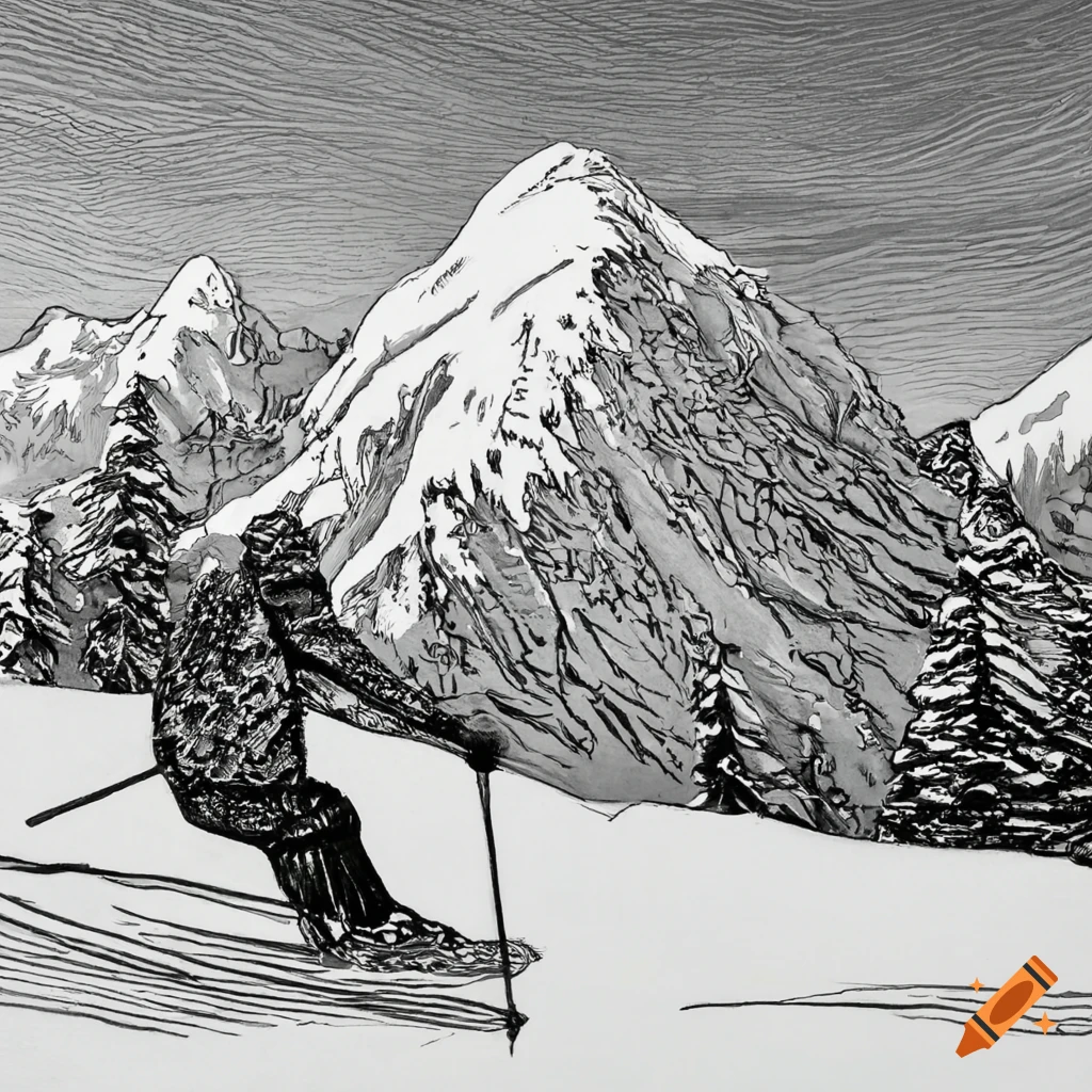 Detailed black and white pen ink drawing of a person skiing on Craiyon
