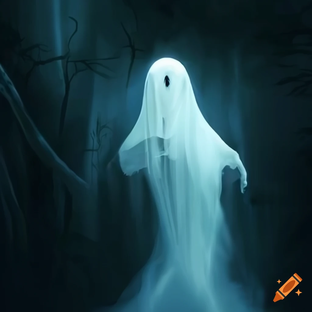 Floating white ghost in a forest on Craiyon
