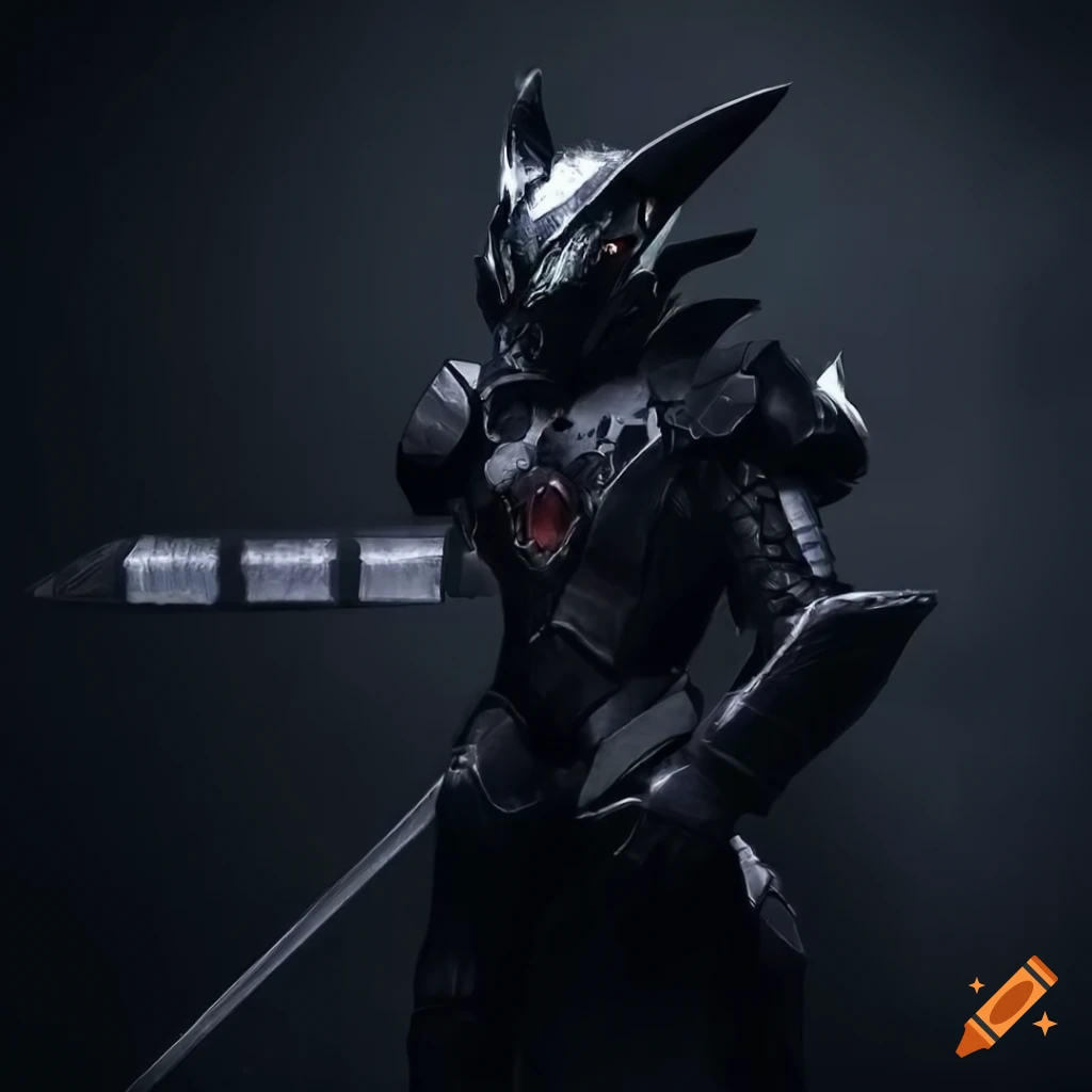 Fierce ghost and dark type pokemon in realistic dark armor with a sword ...