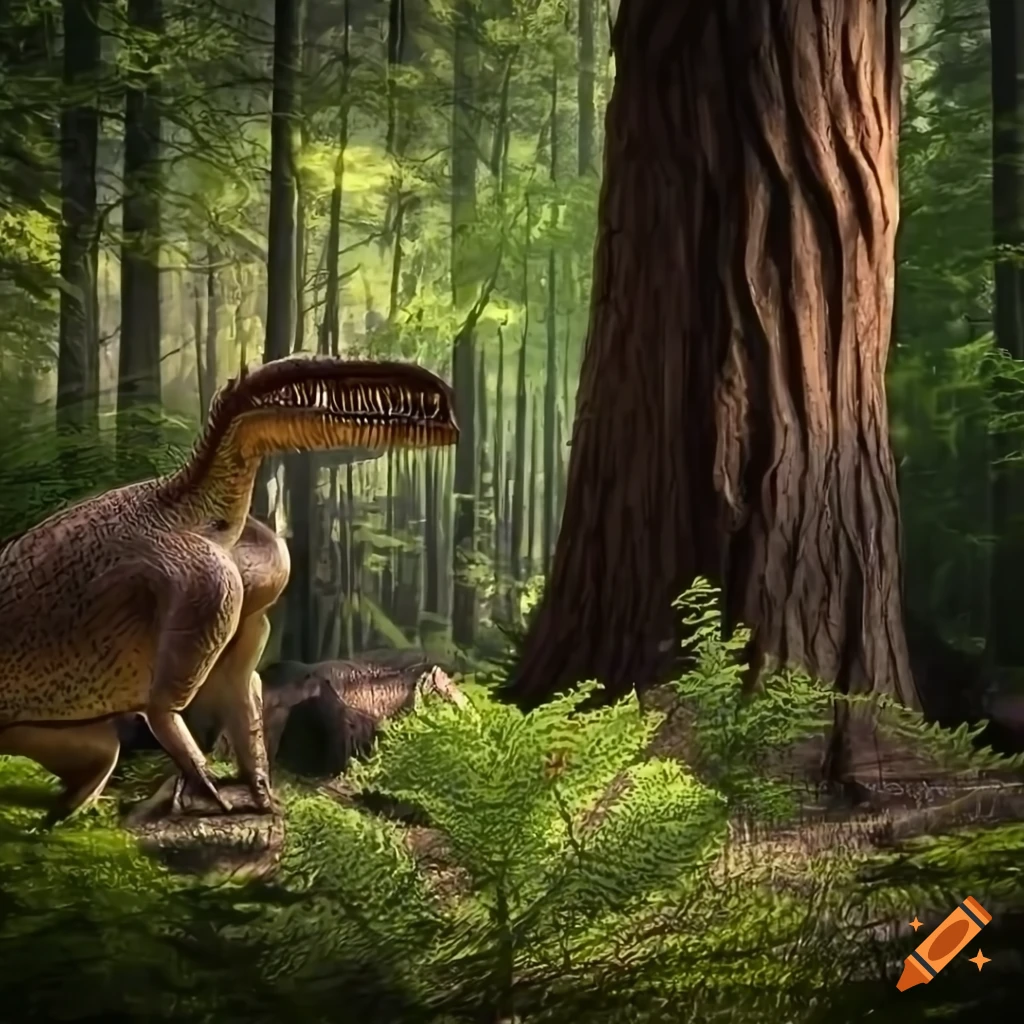 Detailed Hadrosaurus dinosaurs in a cedar forest clearing with fern undergrowth on Craiyon