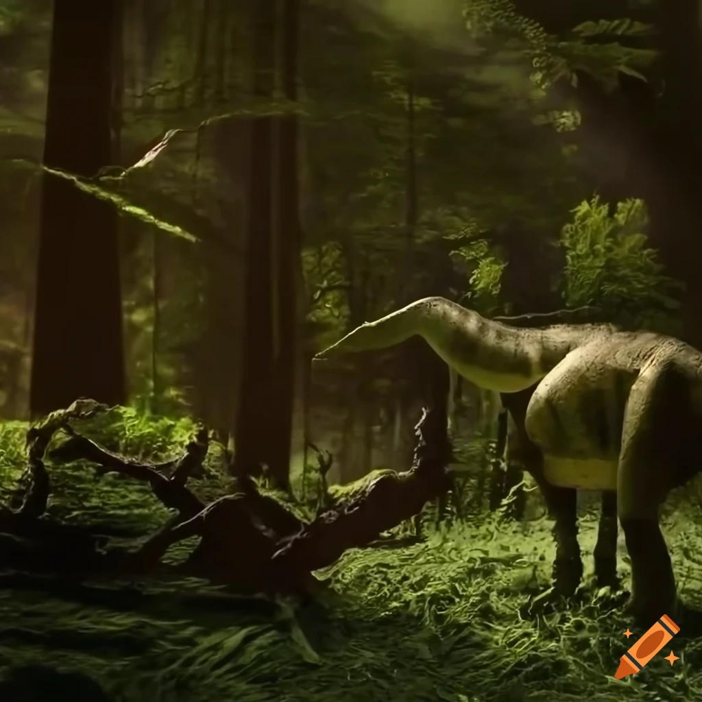 Detailed hadrosaurus dinosaurs in a cedar forest clearing with fern undergrowth on Craiyon