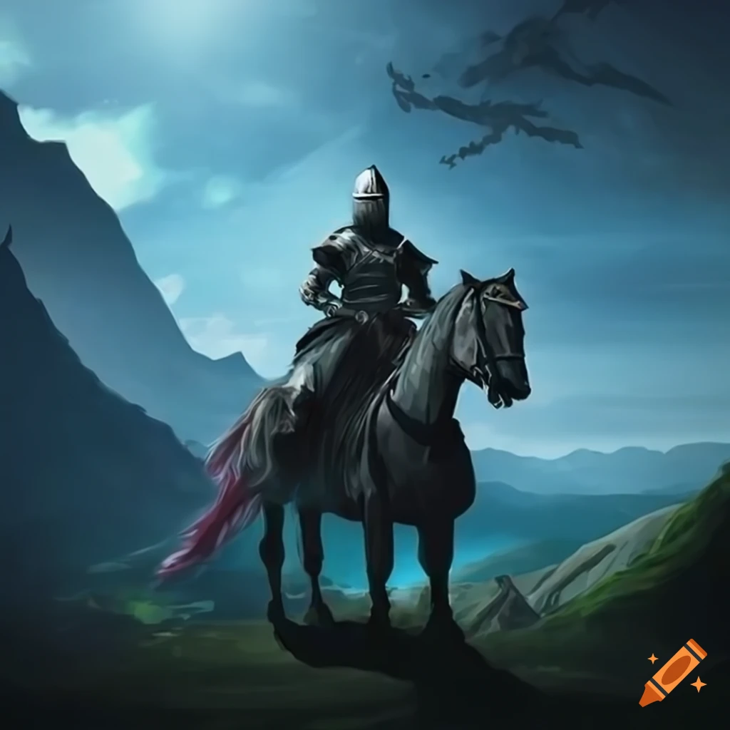 Knight riding across a mountain range on Craiyon