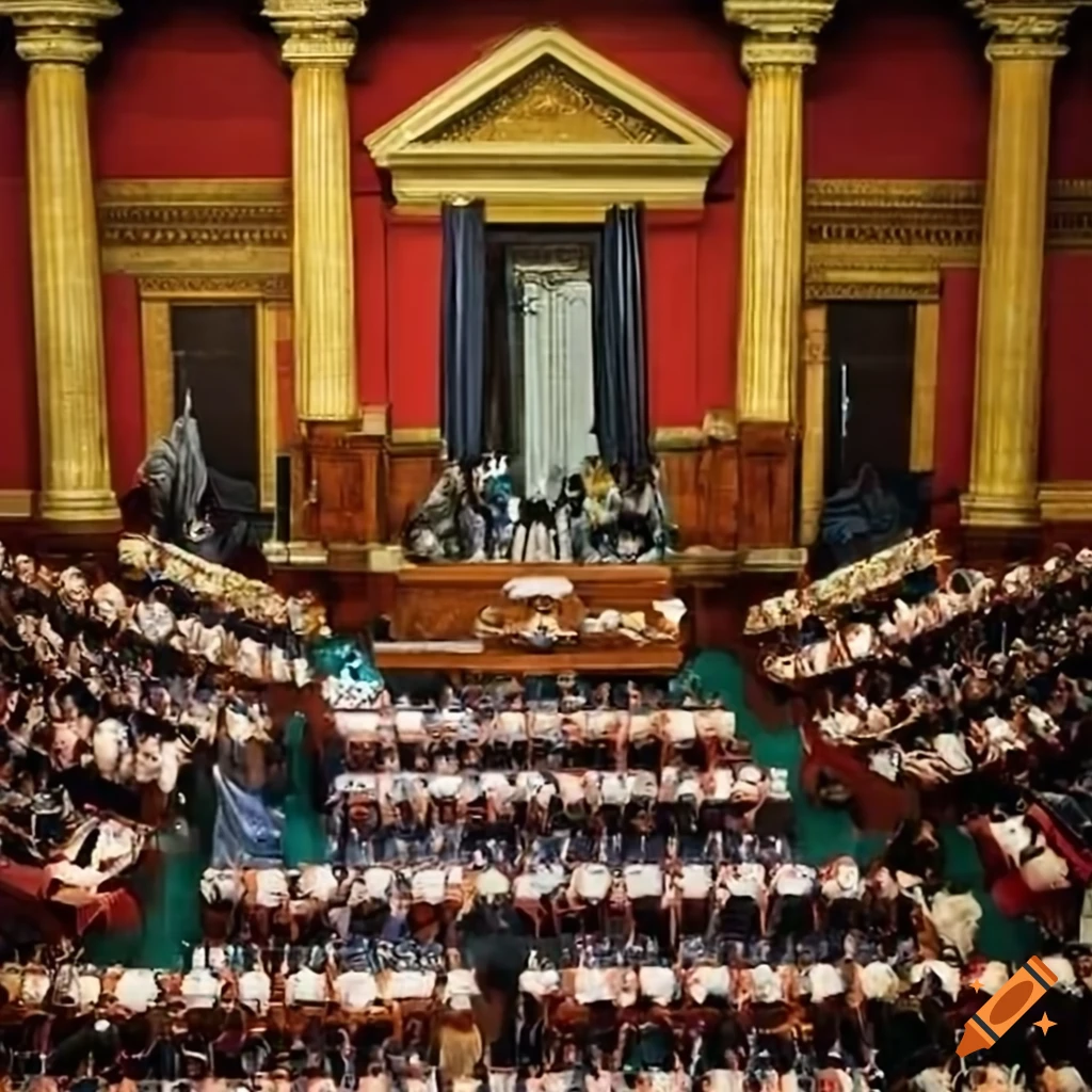 Alien races in a senate hall with one speaking at a podium on Craiyon