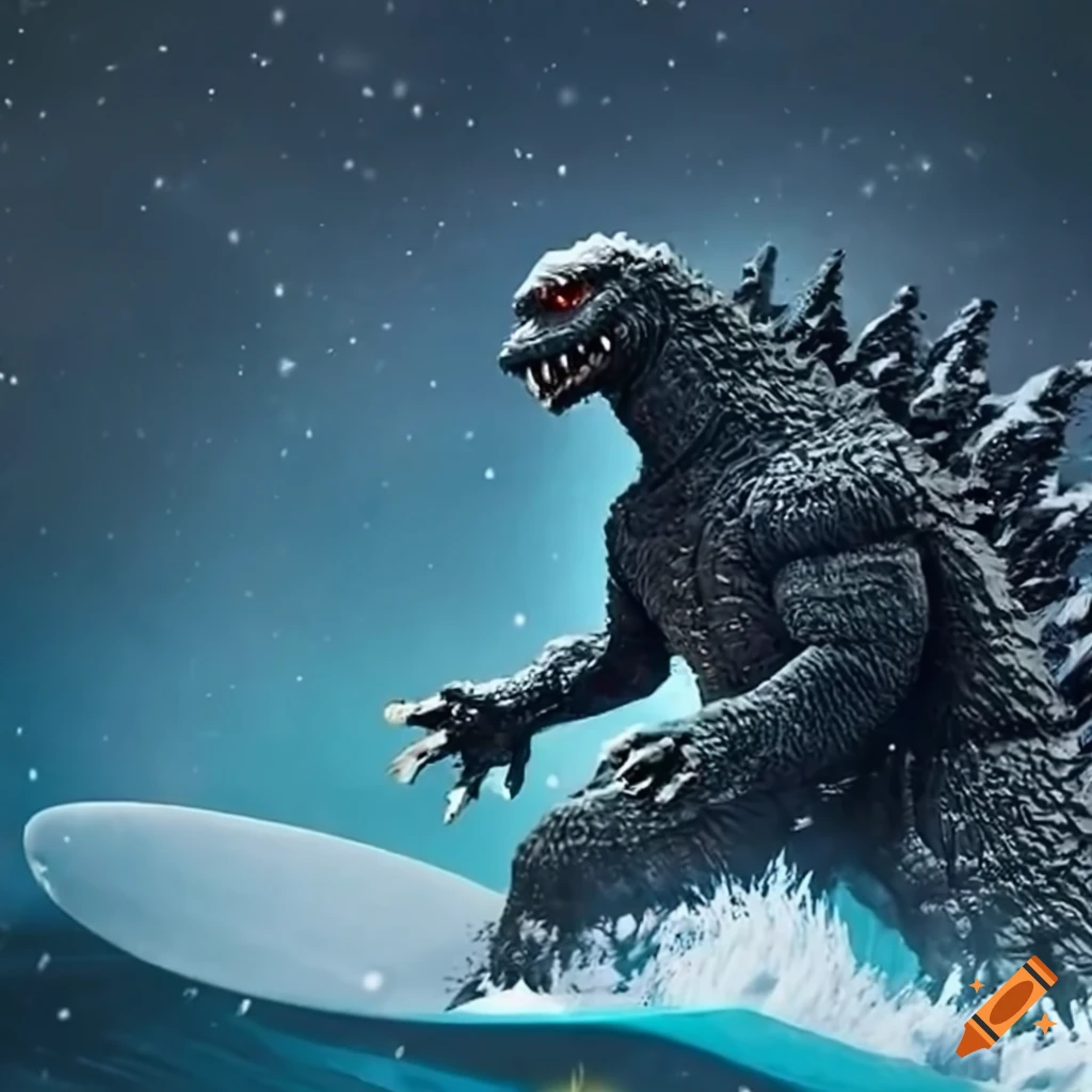 Godzilla surfing in a snowstorm on Craiyon