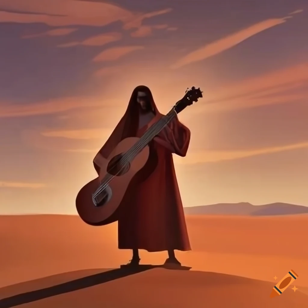 Religious artwork of jesus playing the guitar in the desert on Craiyon
